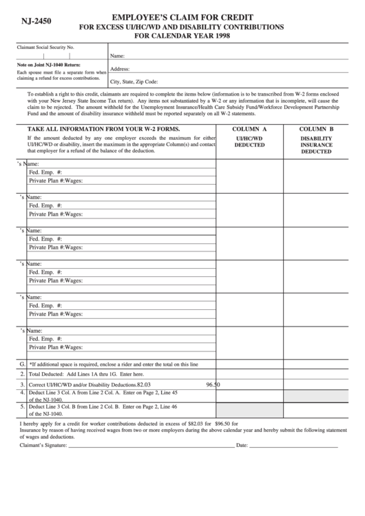 Fillable Form Nj-2450 - Employees Claim For Credit - 1998 printable pdf ...
