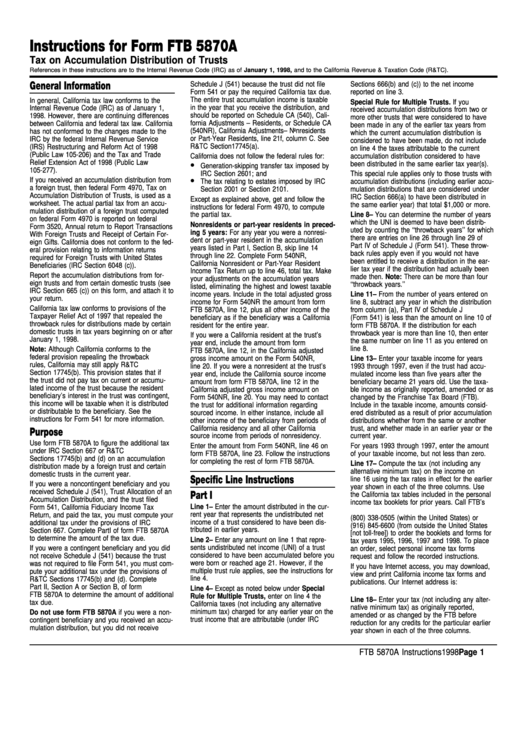 Instructions For Form Ftb 5870a - Tax On Accumulation Distribution Of ...