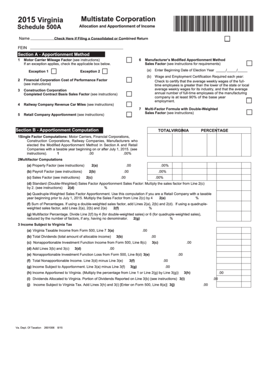 Fillable Schedule 500a - Multistate Corporation - Virginia - 2015 ...