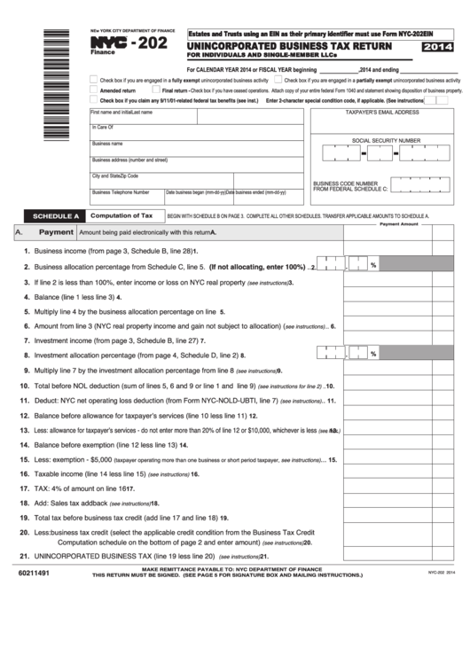 Firm Nyc-202 - Unincorporated Business Tax Return - 2014 printable pdf ...
