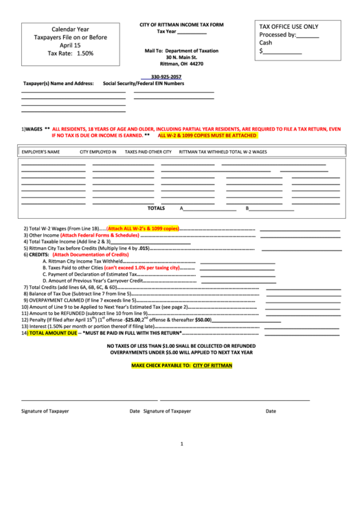 City Of Rittman Income Tax Form printable pdf download