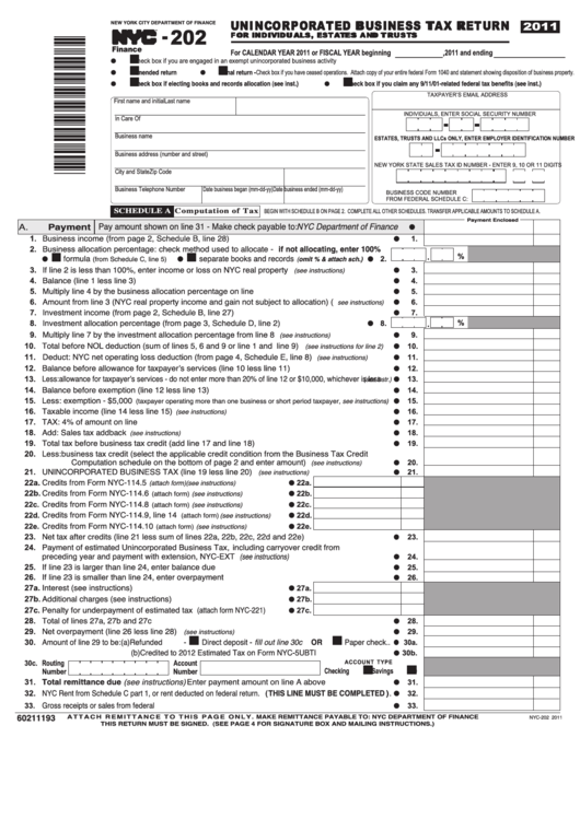 Fillable Form Nyc-202 - Unincorporated Business Tax Return - 2011 ...