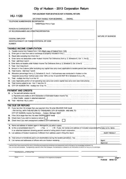 Form Hu-1120 - Corporation Return - 2013 printable pdf download
