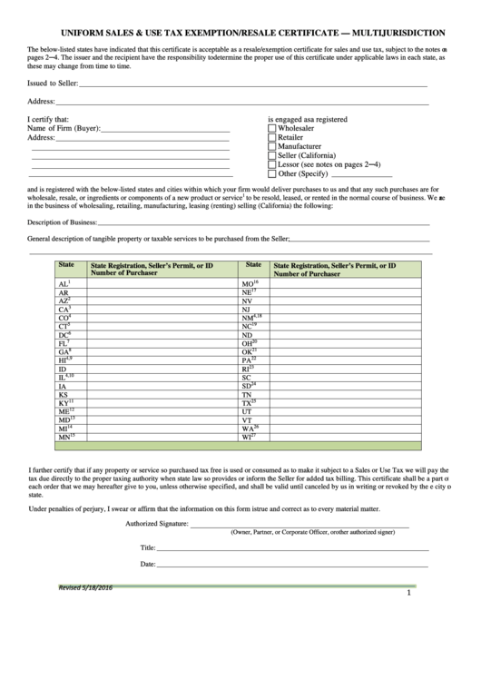 Fillable Uniform Sales Use Tax Exemption resale Certificate