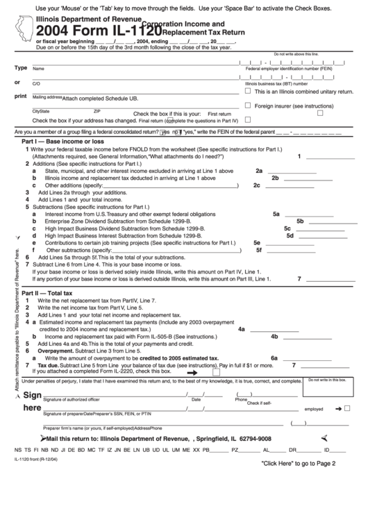 Fillable Form Il-1120 - Corporation Income And Replacement Tax Return ...