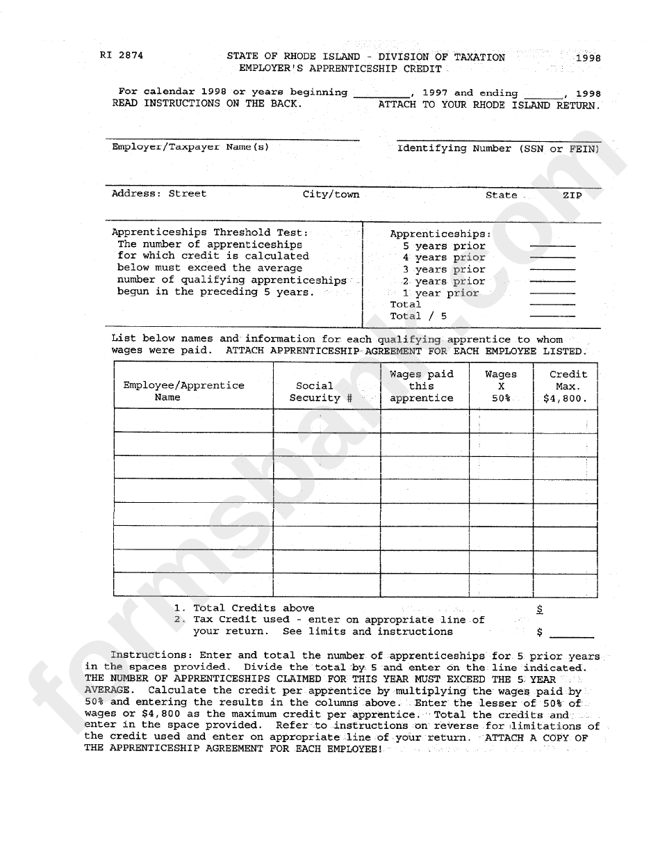 Fillable Form Ri 2874 - Employer'S Apprenticeship Credit - 1998 ...