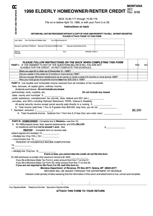 Fillable Form 2ec - Elderly Homeowner/renter Credit - 1998 printable ...