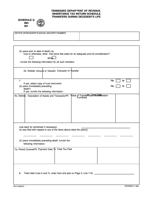 Fillable Form Inh 301 - Schedule G - Inheritance Tax Return Schedule ...