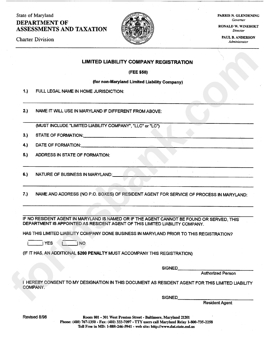 Limited Liability Company Registration - State Of Maryland printable pdf download