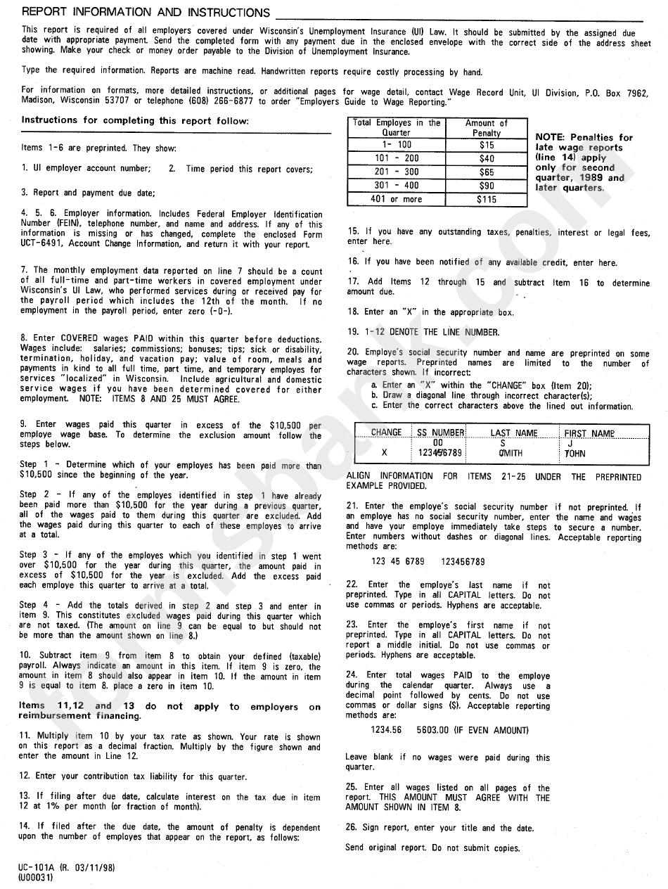 Instructions For Compliting Form Uc-101a - 1998 printable pdf download