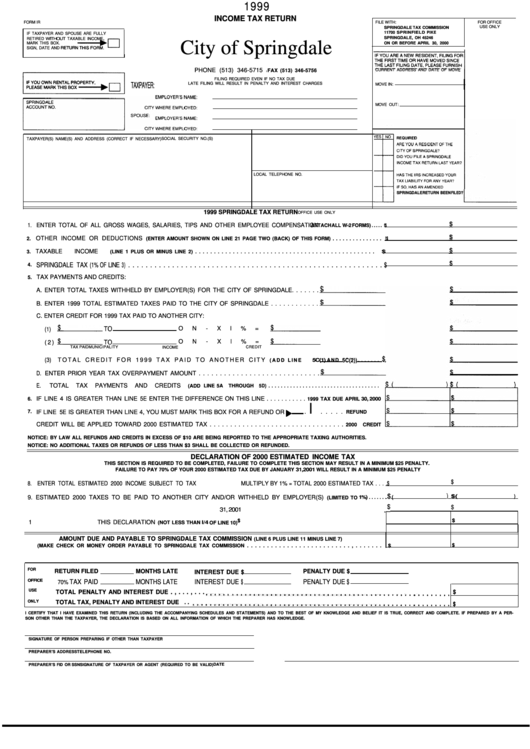 Form Ir - Income Tax Return - City Of Springdale, 1999 printable pdf ...