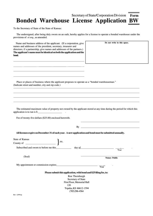 Form Bw - Bonded Warehouse License Application printable pdf download