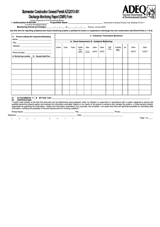 Stormwater Construction General Permit Azg2013-001 Discharge Monitoring ...