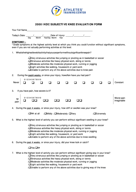 Fillable Subjective Knee Evaluation Form - 2000 printable pdf download
