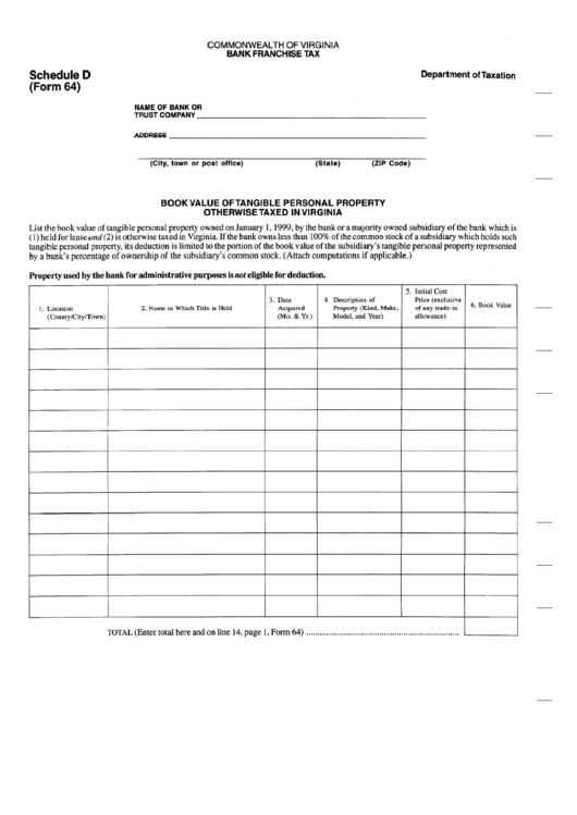 Form 64 - Bank Franchise Tax printable pdf download