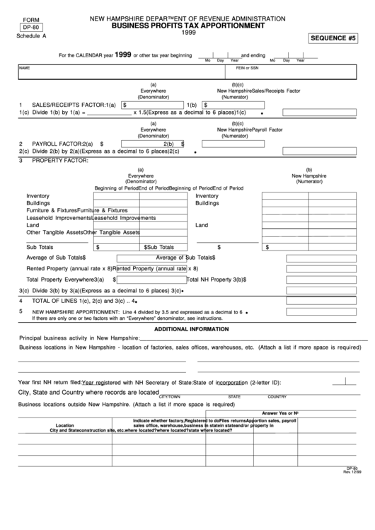 Form Dp-80 - Schedule A - Business Profits Tax Apportionment - 1999 ...