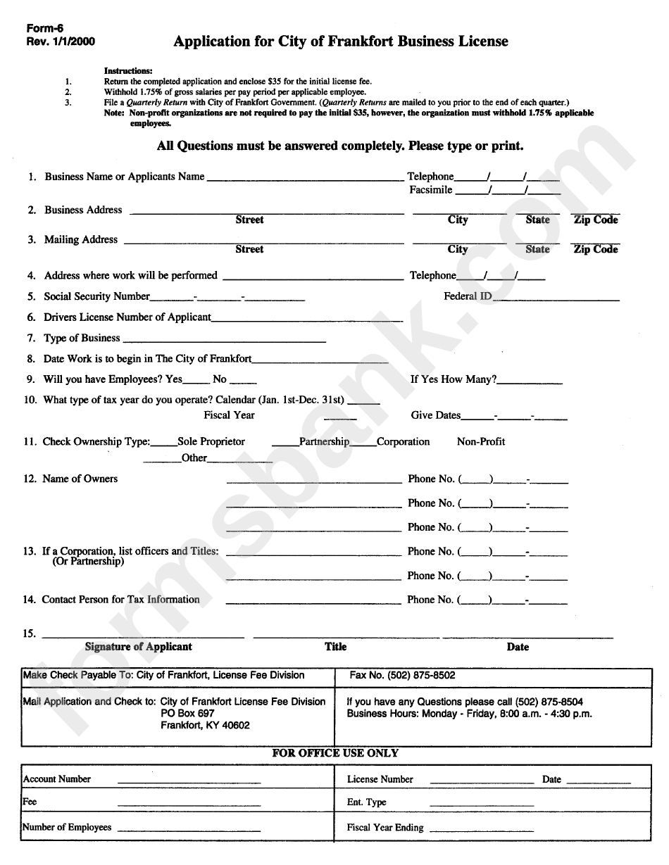 Form 6 - Application For City Frankfort Business License printable pdf ...