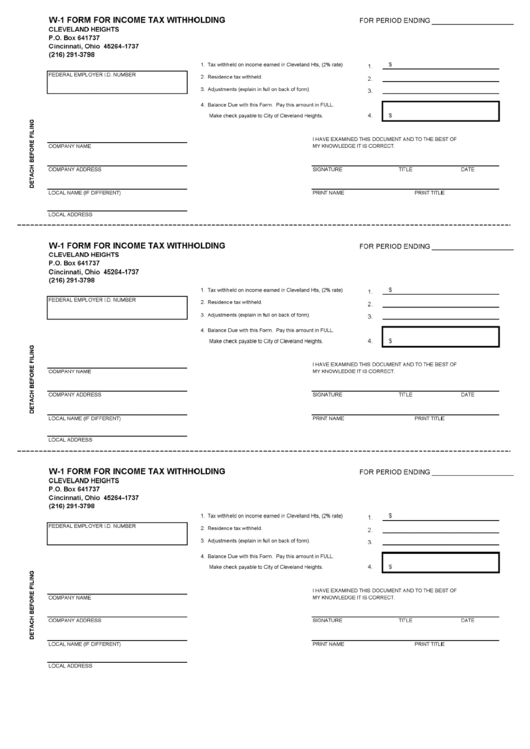 Form W-1 - Form For Income Tax Withholding - Cleveland printable pdf ...