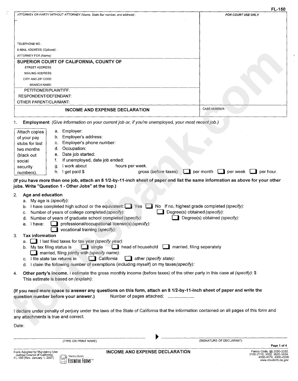 Form Fl 150 Income And Expense Declaration Printable Pdf Download Form Fl 150 Income And Expense Declaration Printable Pdf Download