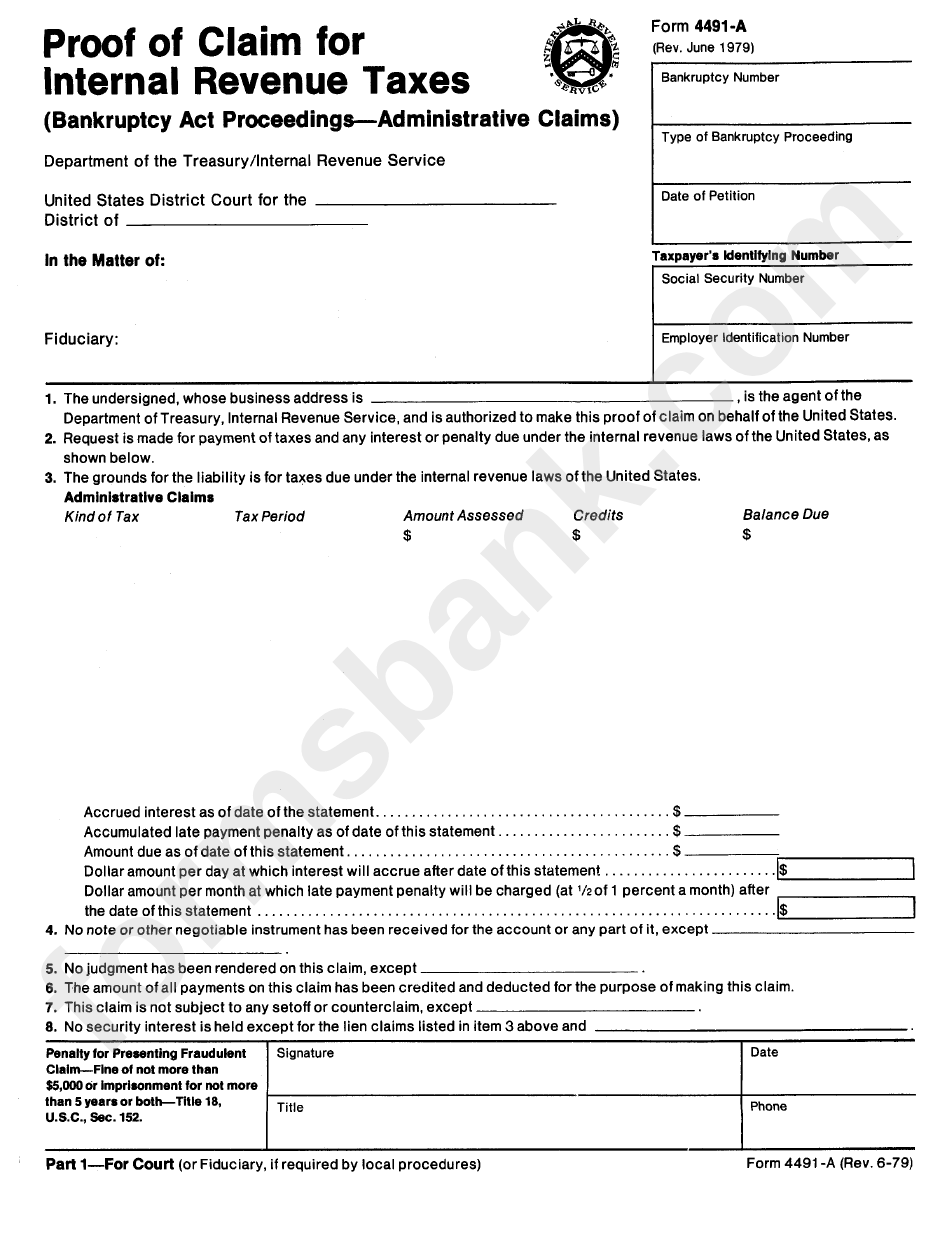 Form 4491-A - Proof Of Claim For Internal Revenue Taxes printable pdf ...