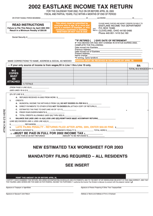 Income Tax Return Form - Eastlake - 2002 printable pdf download