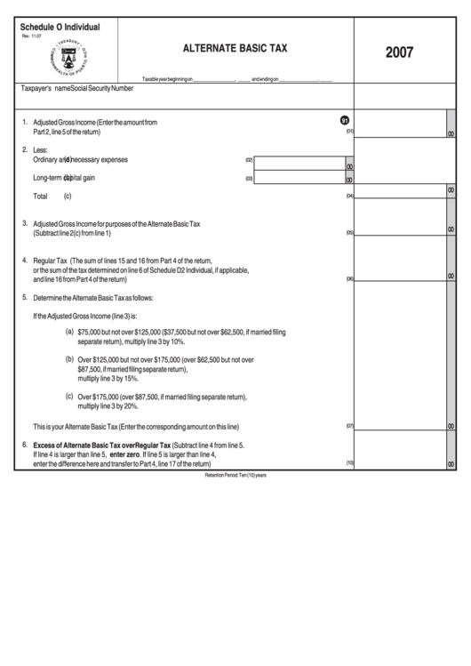Schedule O Individual - Alternate Basic Tax - 2007 printable pdf download