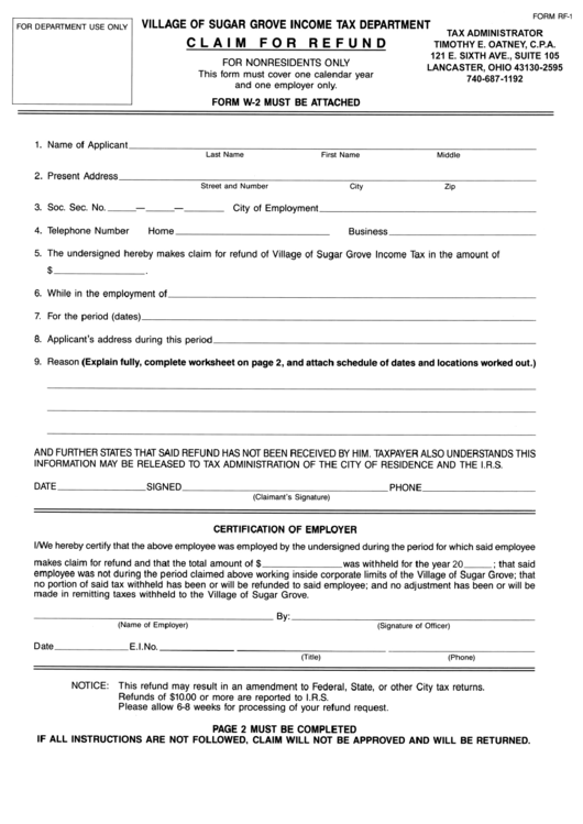 Form Rf-1 - Claim For Refund printable pdf download