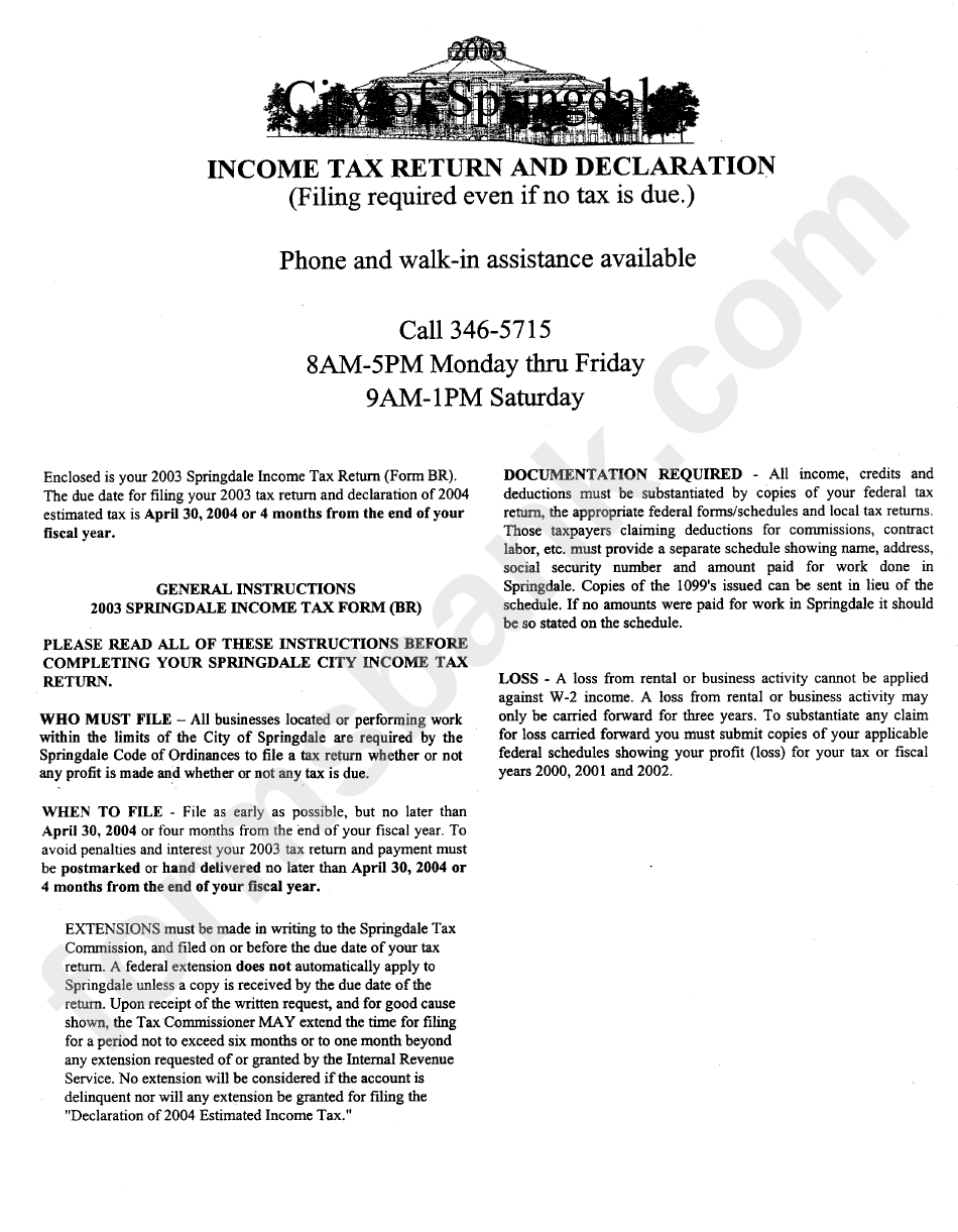 General Instructions 2003 Springdale Income Tax Form (Br) printable pdf ...