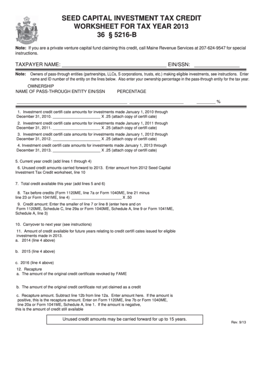 Seed Capital Investment Tax Credit Worksheet For Tax Year 2013 ...