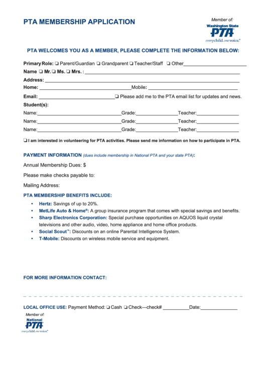 Fillable Pta Membership Application printable pdf download