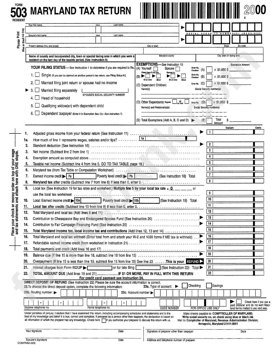 Form 503 - Maryland Tax Return - 2000 printable pdf download