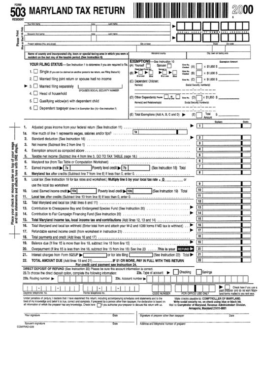 Form 503 - Maryland Tax Return - 2000 printable pdf download