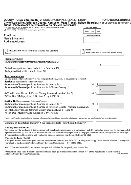 Form Ol-3a - Occupational License Return - 1999 printable pdf download
