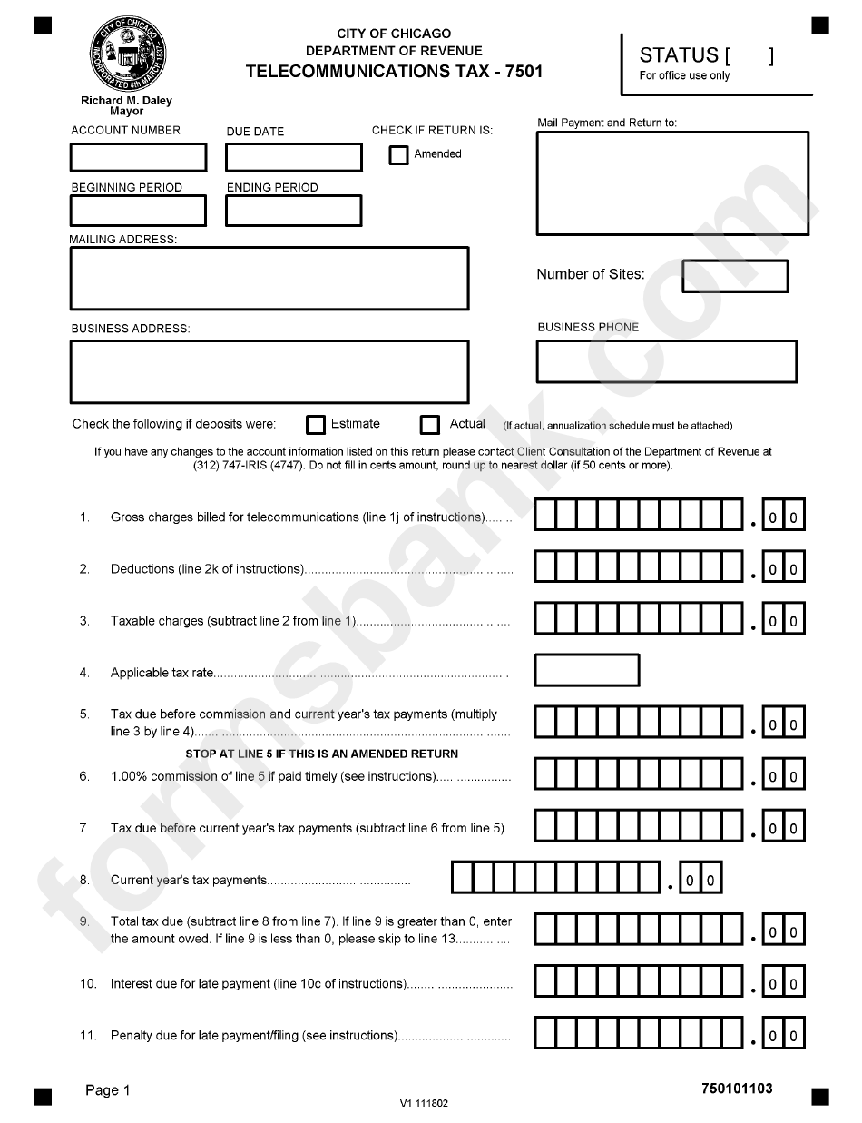 Telecommunications Tax - 7501 - City Of Chicago printable pdf download