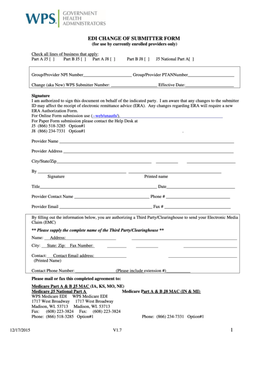 Fillable Edi Change Of Submitter Form printable pdf download