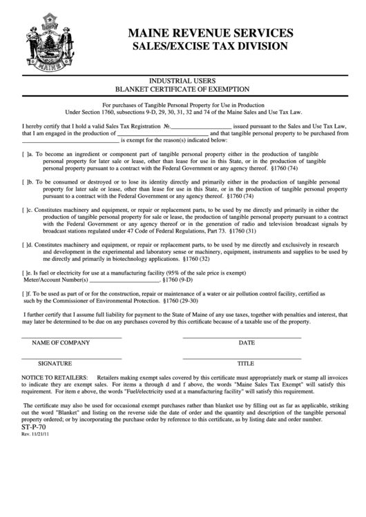 Form St P 70 Industrial Users Blanket Certificate Of Exemption 2011 8681