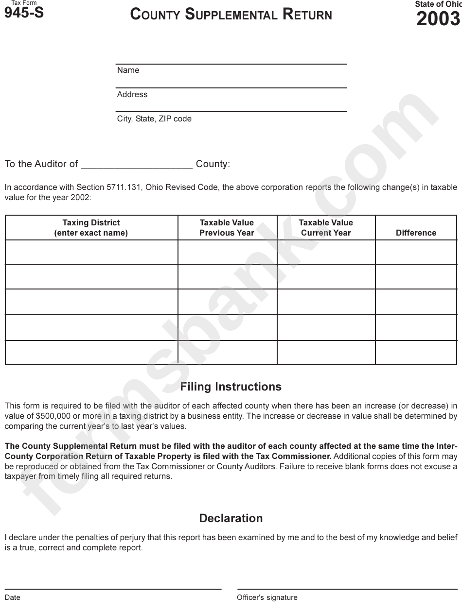 Tax Form 945-S - County Supplemental Return - 2003 printable pdf download