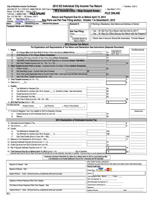 Form Ir-L - Individual City Income Tax Return - 2012 printable pdf download