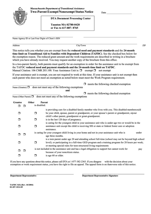 Form Tafdc-5 - Two-Parent Exempt/nonexempt Status Notice 2004 printable ...