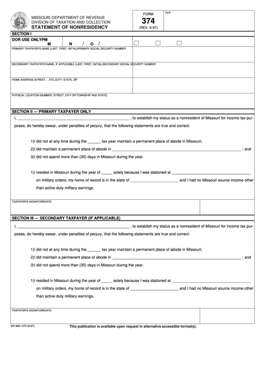 Fillable Form 374 - Statement Of Nonresidency 1997 printable pdf download