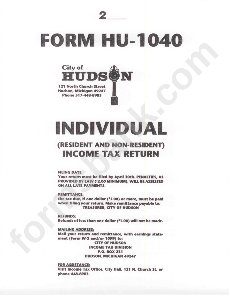 Form Hu-1040 - Individual Income Tax Return printable pdf download