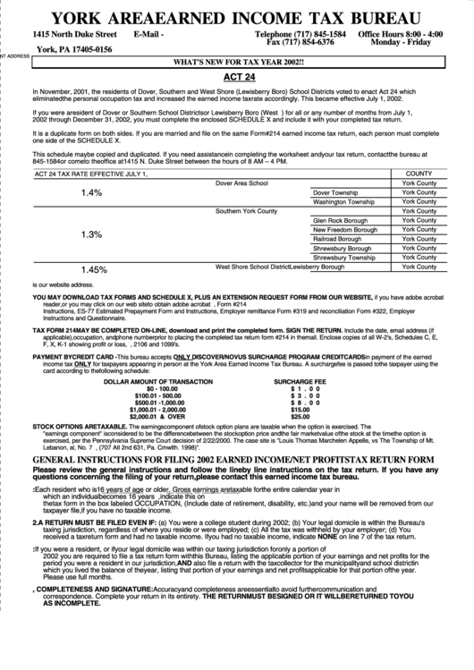 Form 214 - Earned Income Tax Return - 2002 printable pdf download