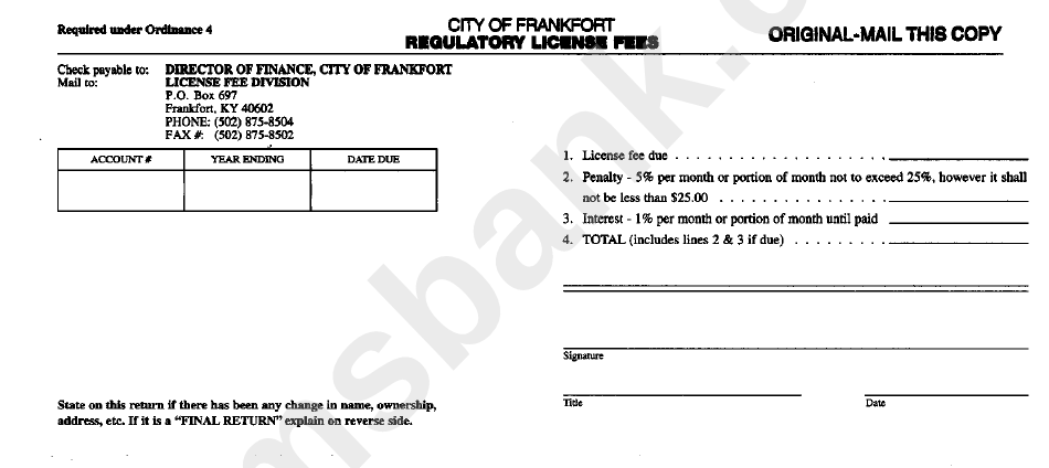 Regulatory License Fees - City Of Frankfort printable pdf download