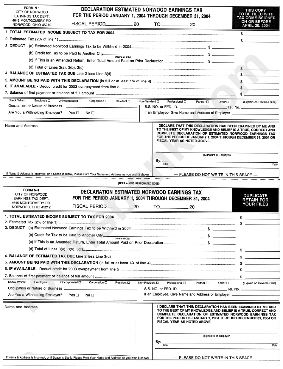 Form N-1 -Declaration Estimated Norwood Earnings Tax - 2004 printable ...
