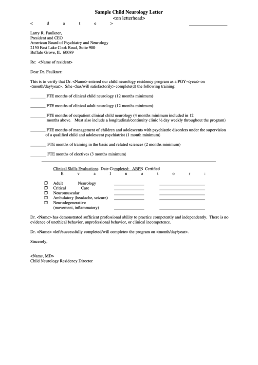 Sample Child Neurology Letter printable pdf download