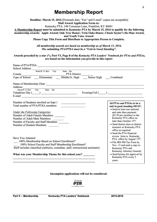 Membership Report - Kentucky Pta Form - 2015-2016 printable pdf download