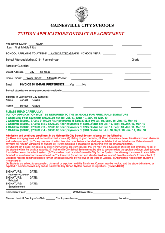 Fillable Tuition Application/ Contract Of Agreement printable pdf download