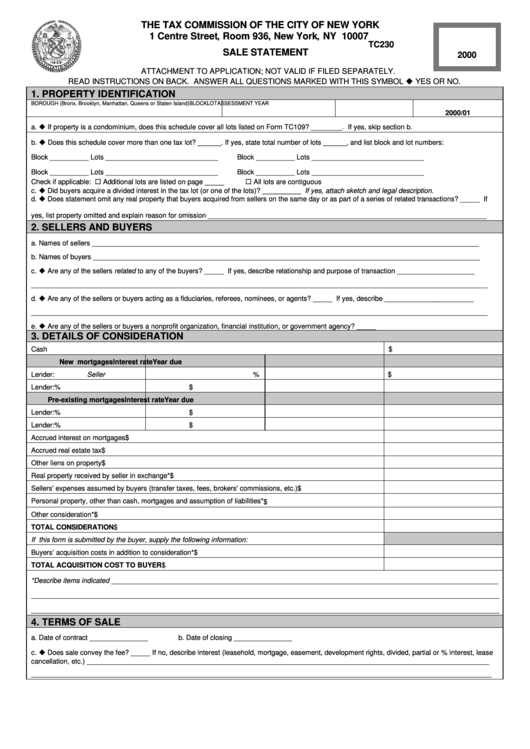 Form Tc230 - Sale Statement - 2000 printable pdf download