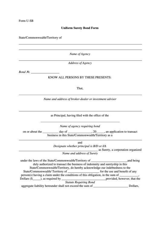 Form U-Sb - Uniform Surety Bond Form printable pdf download