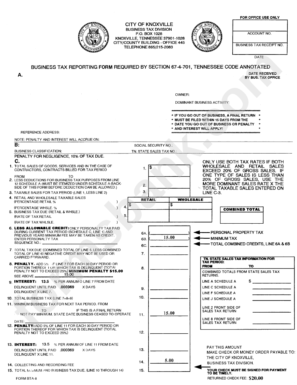 Form Bta-8 - Business Tax Report - City Of Knoxville printable pdf download